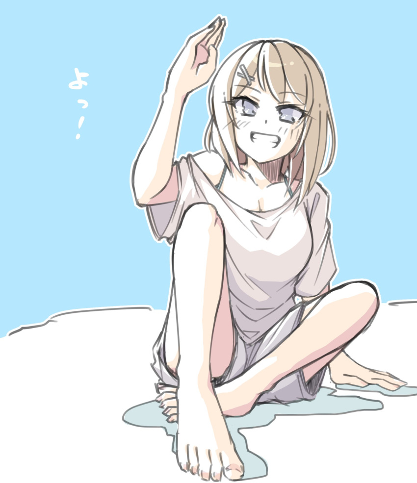 Safebooru - 1girl alternate costume barefoot blue background blue hair brown eyes commentary ...