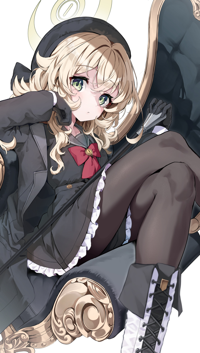 Safebooru - 1girl absurdres armchair beret black coat black gloves black hat black pantyhose ...