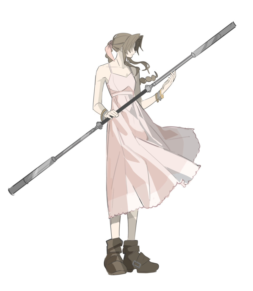 Safebooru - 1girl aerith gainsborough bangle bare shoulders boots bracelet braid braided ...