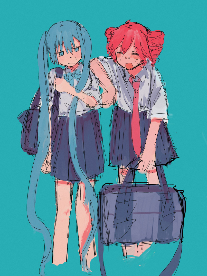 Safebooru - 2girls absurdres ahoge bag blue background blue bag blue bow blue bowtie blue eyes ...