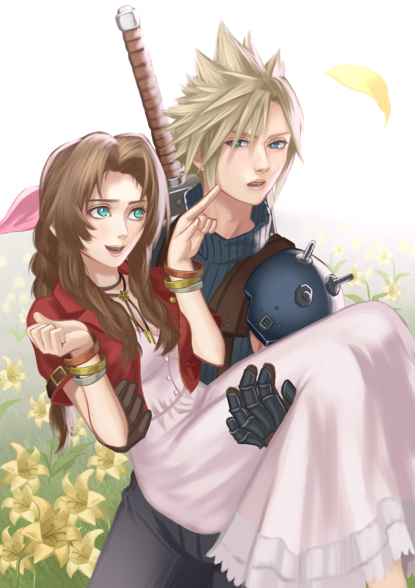 Safebooru - 1boy 1girl absurdres aerith gainsborough armored gloves bangle blonde hair blue eyes ...