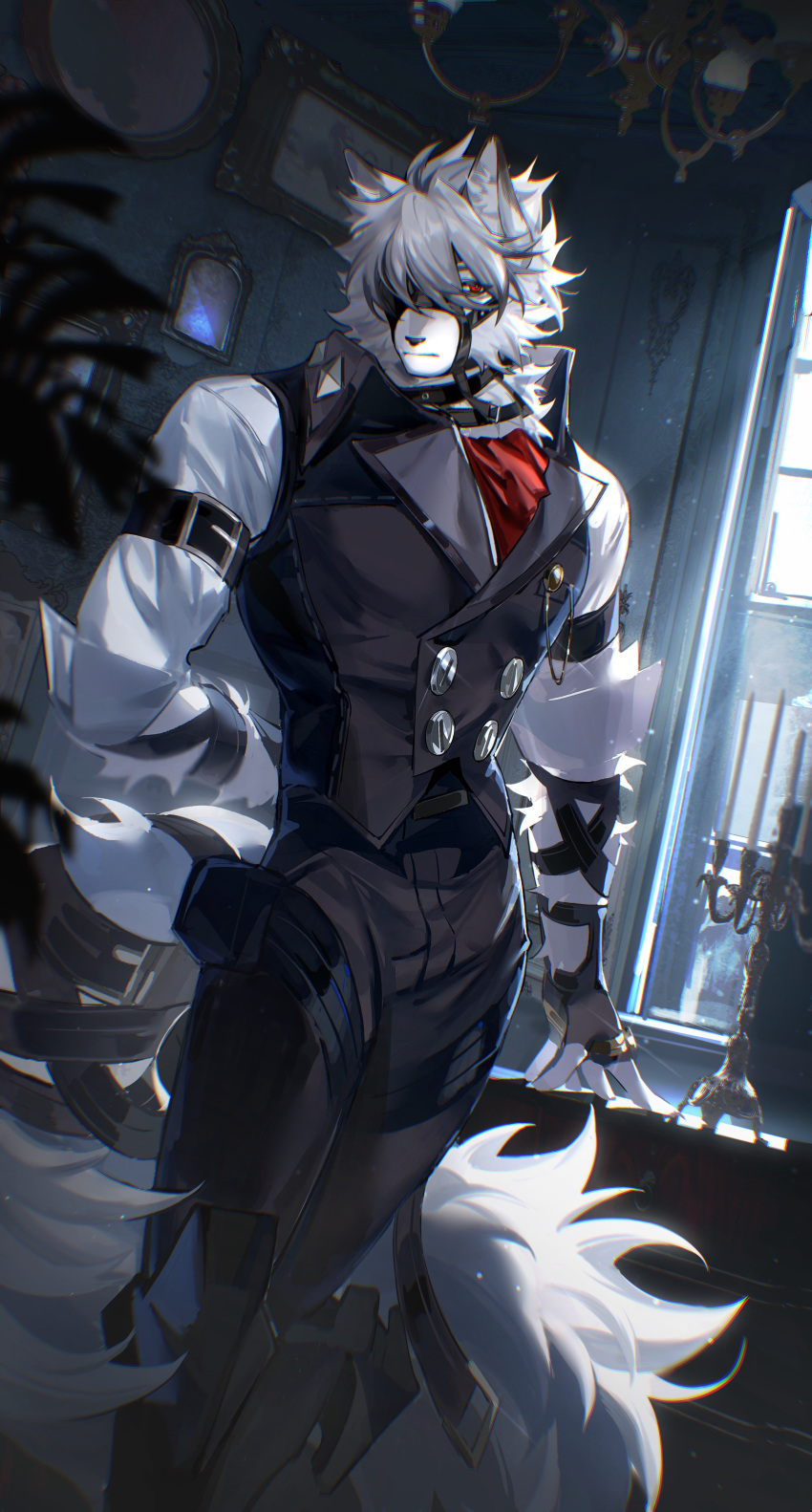 Safebooru - 1boy absurdres arm behind back black gloves ceiling closed ...