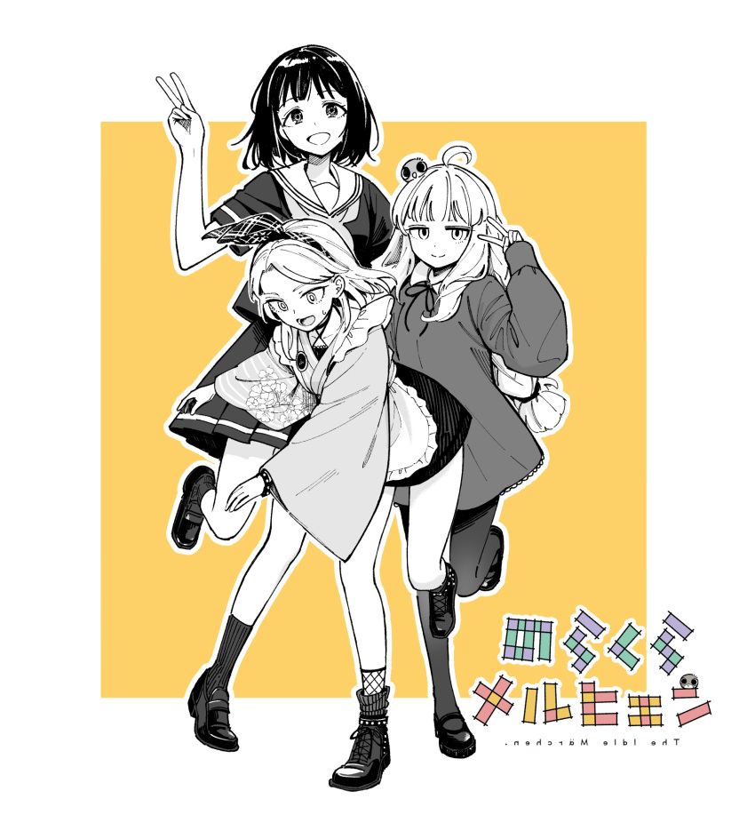 Safebooru - 3girls :d ahoge alice (norakura marchen) asymmetrical legwear blunt bangs braid ...