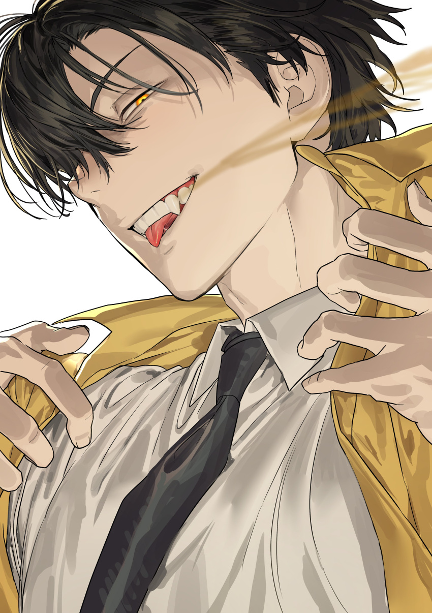 Safebooru - 1boy absurdres asymmetrical bangs black hair black necktie chamuring close-up ...