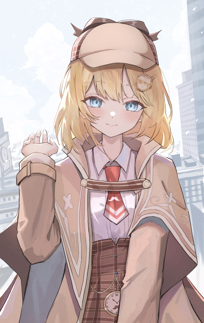 Safebooru - 1girl absurdres blonde hair blue eyes blue sky blush brown hat brown jacket brown ...