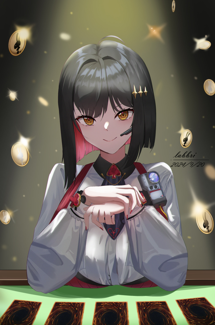 Safebooru - 1girl absurdres black hair brown eyes card coin colored ...