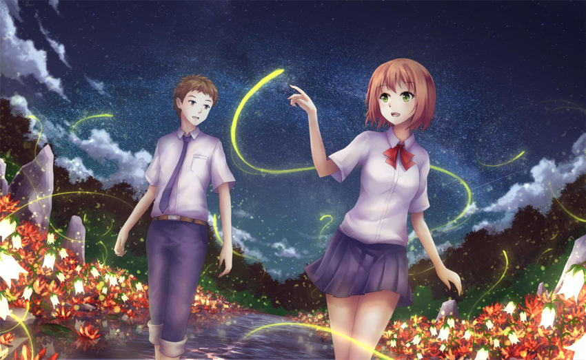 Safebooru - 1boy 1girl asakurashinji blue pants bow bowtie brown hair ...