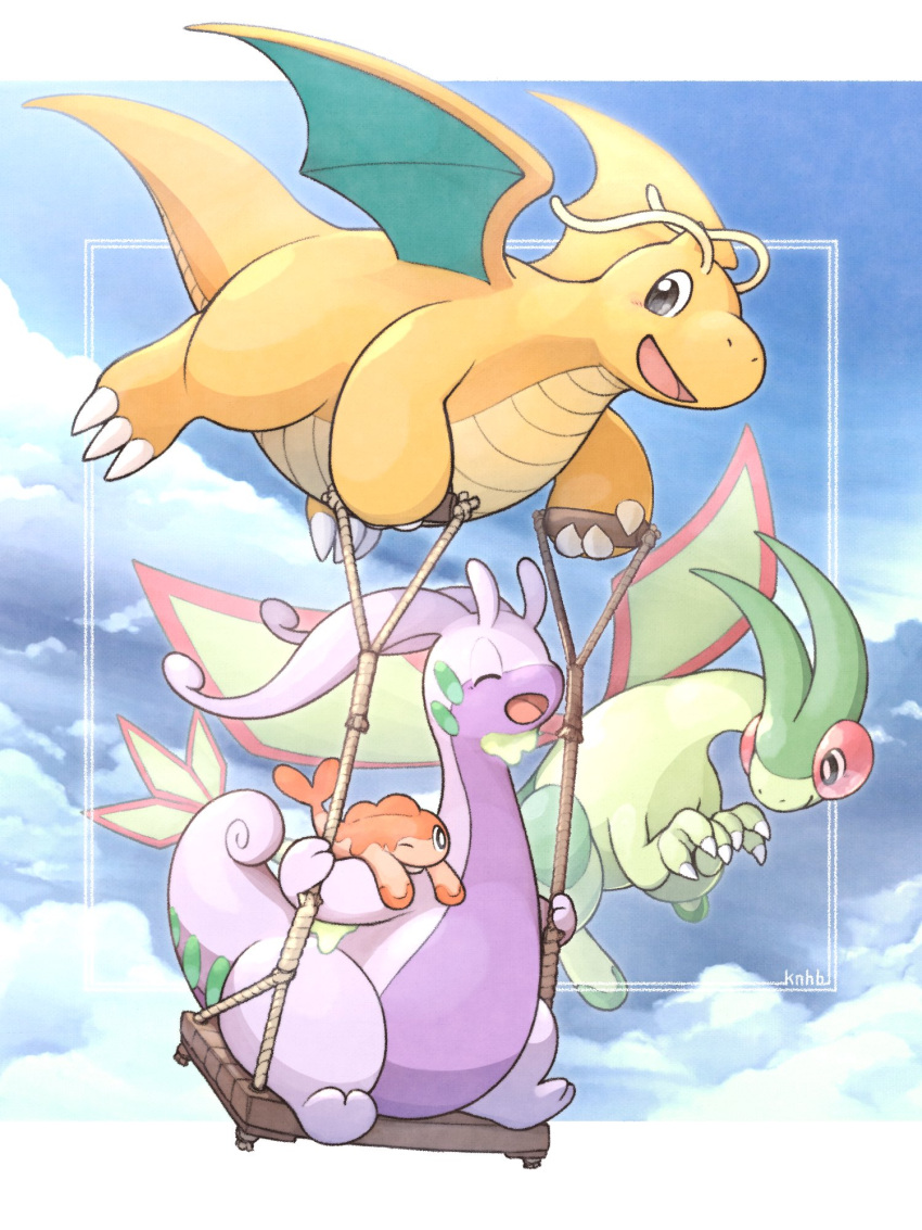 Safebooru - antennae blue sky claws closed eyes dragonite flygon flying goodra highres knhb tail ...