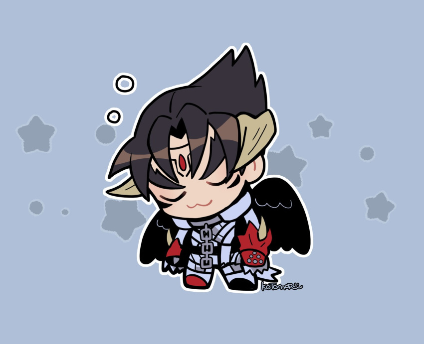 Safebooru - 1boy :3 black hair black wings blue background chain chibi ...