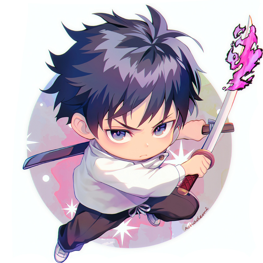 Safebooru - 1boy artist name black eyes black hair black pants chibi commentary request energy ...