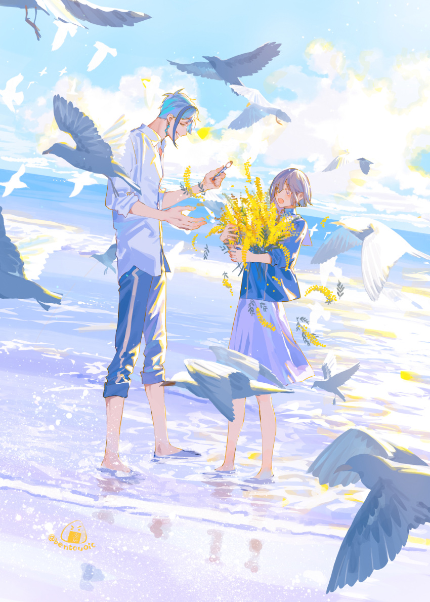 Safebooru - 1boy 1girl animal barefoot beach bentouoic bird blue hair blue sky bouquet brown ...