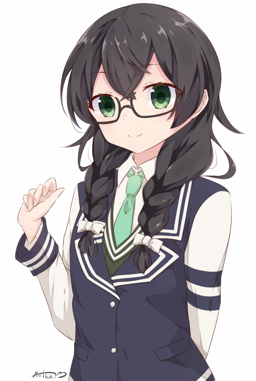 Safebooru - 1girl aqua necktie arm behind back artist name black-framed eyewear black hair bow ...