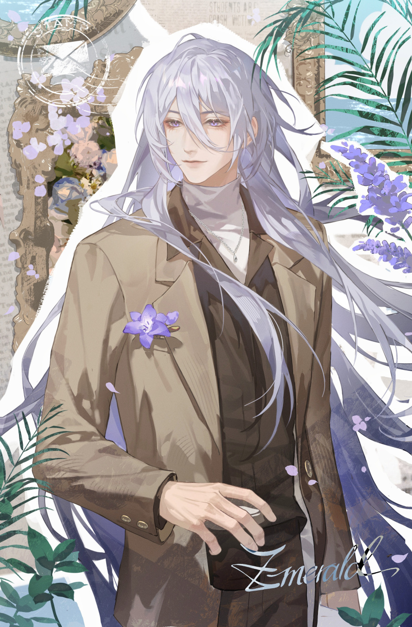 Safebooru - 1boy absurdres brooch brown coat brown shirt cael anselm character name closed mouth ...