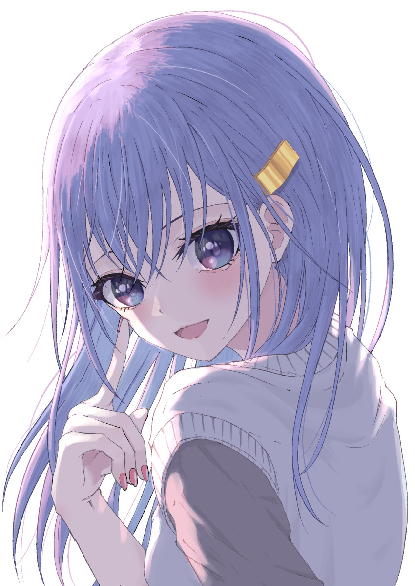 Safebooru - 1girl aquarium5150 blue hair blush finger to cheek ...