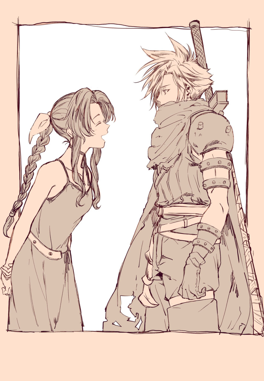 Safebooru - 1boy 1girl aerith gainsborough armor arms behind back bandages belt braid braided ...