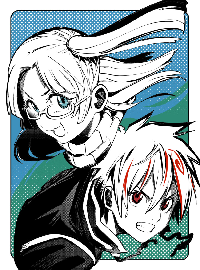 Safebooru - 1boy 1girl :3 blue background border clenched teeth close ...