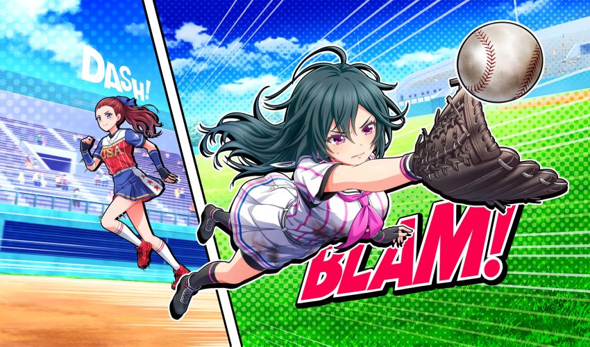 Safebooru - 2girls baseball baseball (object) baseball mitt baseball stadium baseball uniform ...