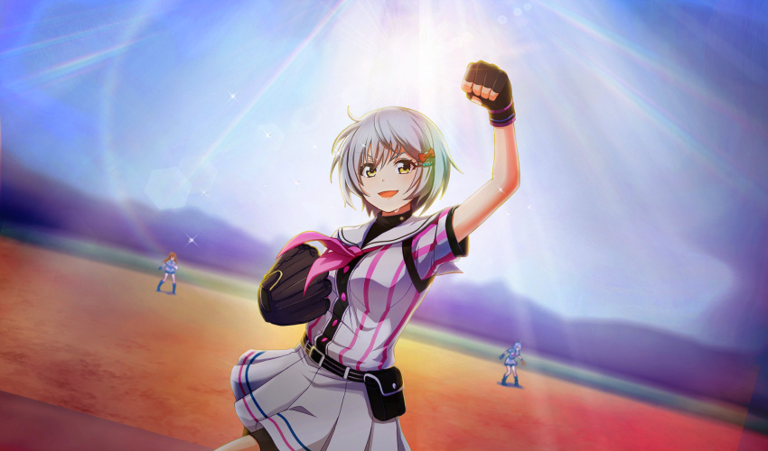 Safebooru - 3girls :d arihara tsubasa arm up asahina iroha baseball mitt baseball stadium ...