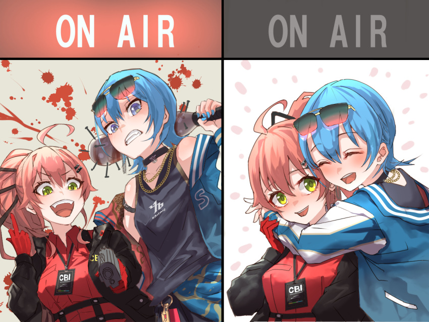 Safebooru - 2girls ahoge azuma (azmdraw) baseball bat blue eyes blue hair blue nails blush ...