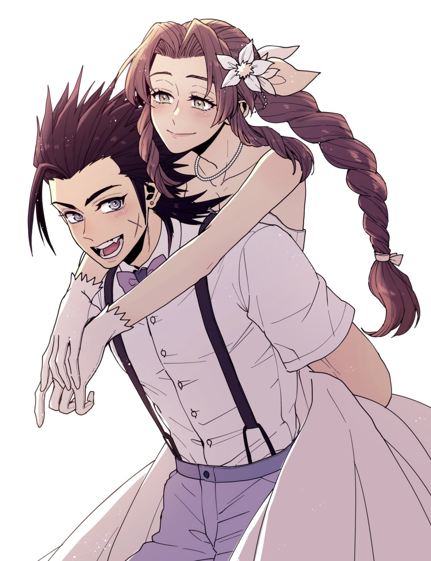Safebooru - 1boy 1girl aerith gainsborough arms around neck bare shoulders black hair blue eyes ...