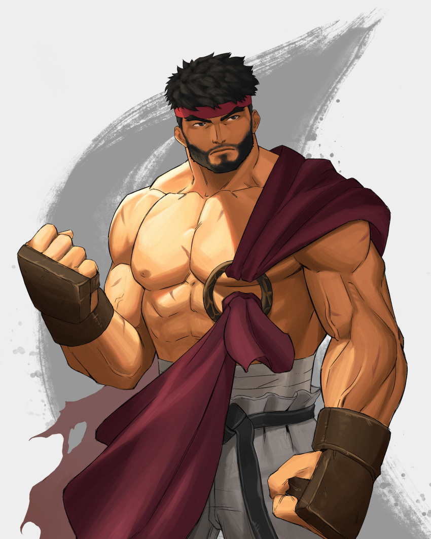 Safebooru - 1boy abs absurdres arm up bandaged waist bandages beard belt black belt brown eyes ...