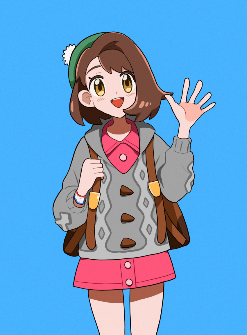 Safebooru - 1girl :d baeming blue background brown bag brown hair ...