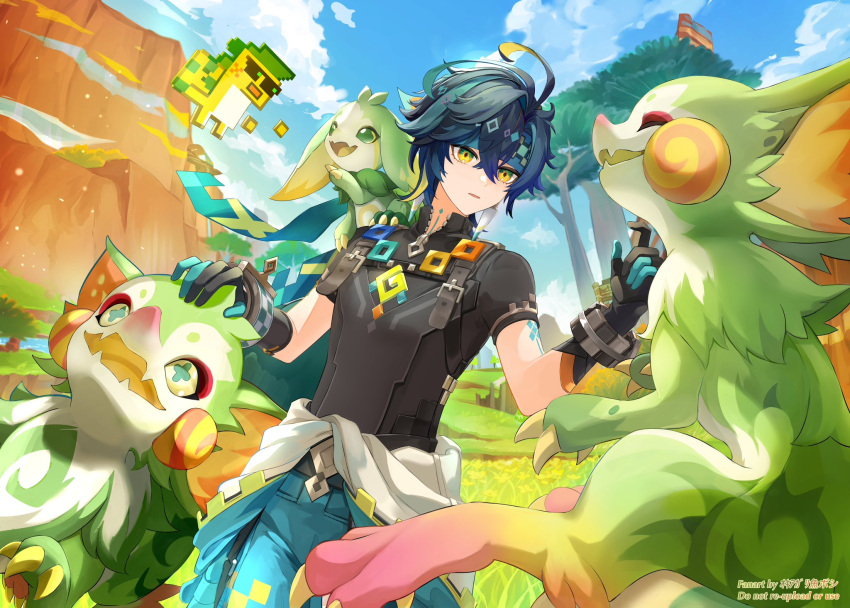 Safebooru - 1boy ^ ^ ajaw (genshin impact) antenna hair aqua gloves aqua hair aqua headband aqua ...