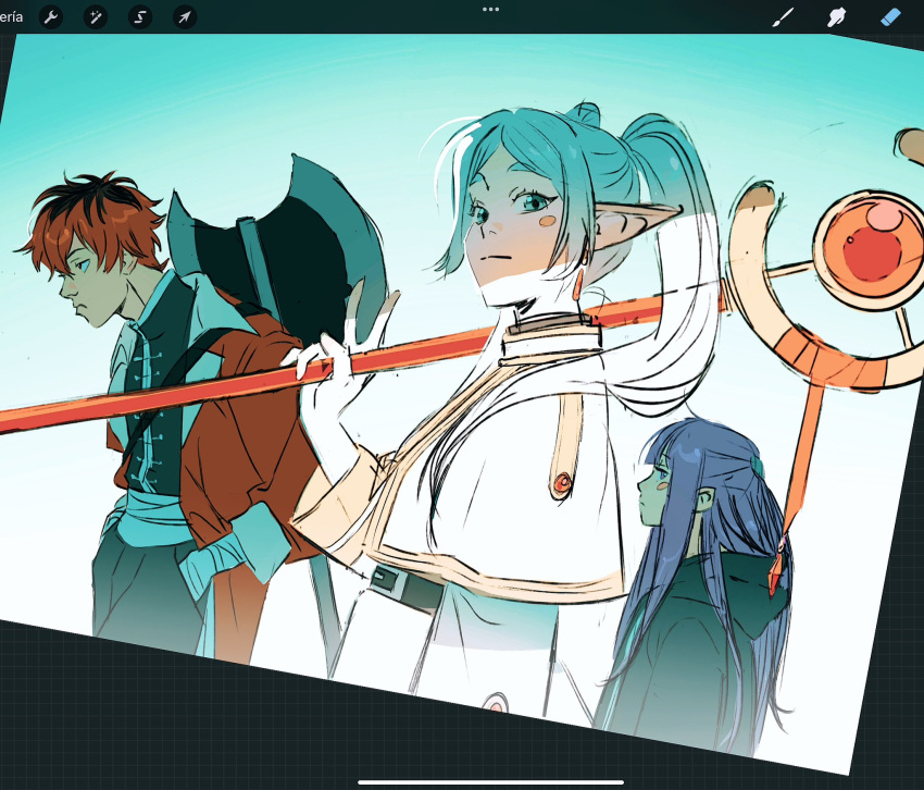 Safebooru - 1boy 2girls alisvart art program in frame axe battle axe black coat black hair blush ...