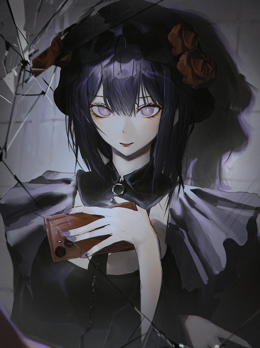 Safebooru - 1girl black dress black hair broken mirror closed mouth ...