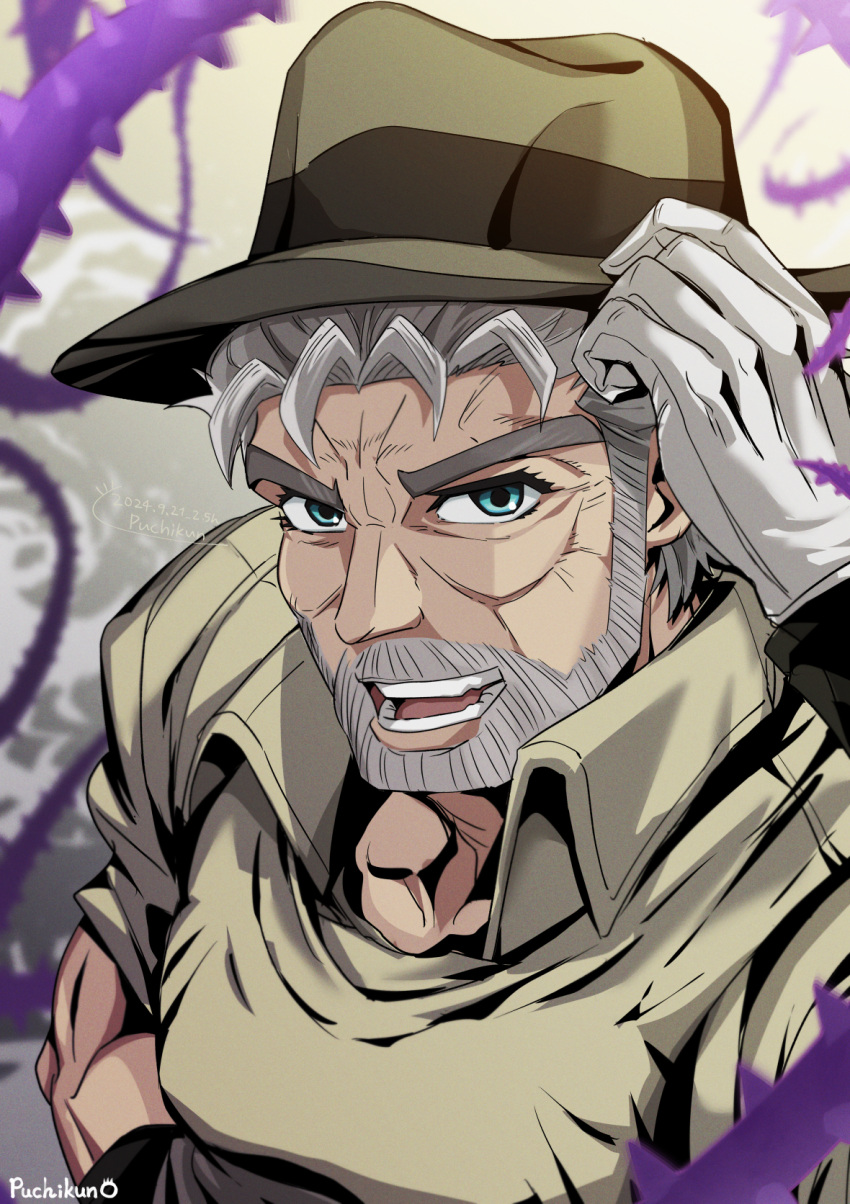 Safebooru - 1boy beard blue eyes facial hair gloves grey hair hat ...