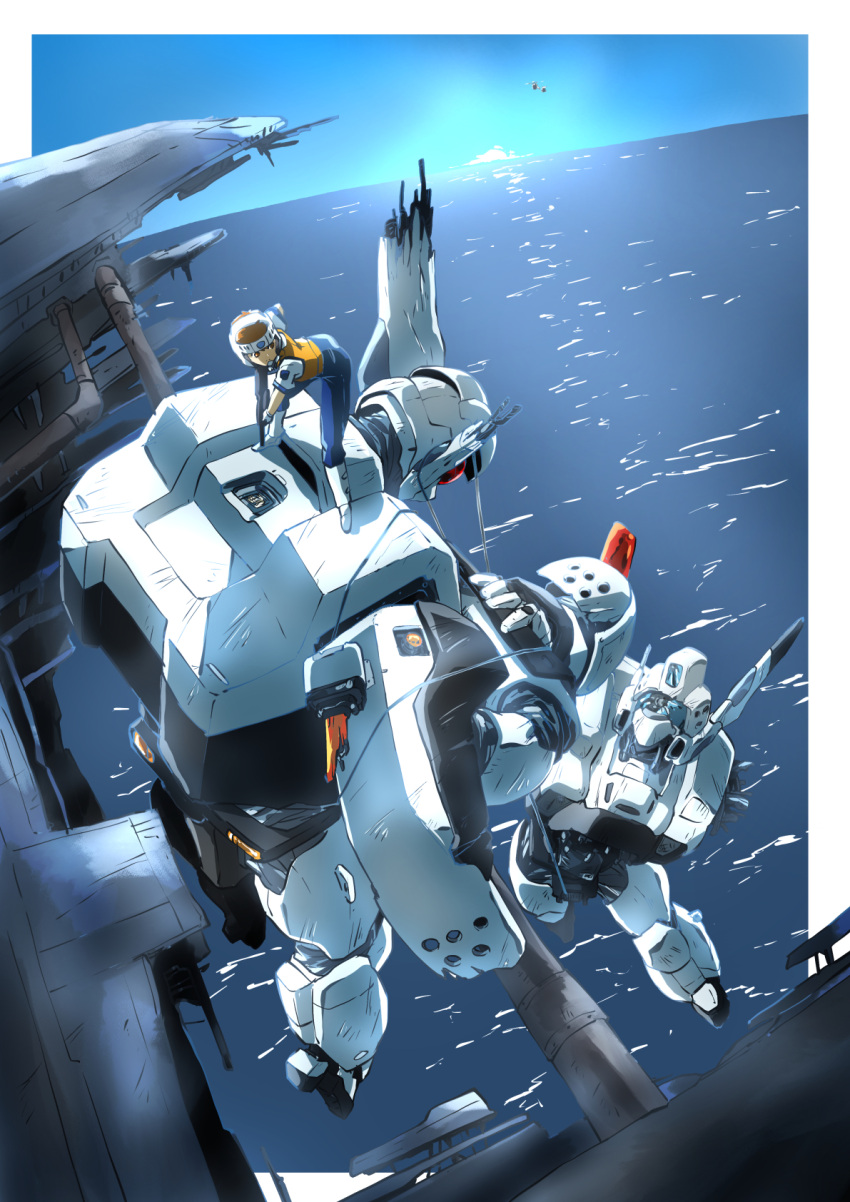 Safebooru - 1girl av-98 ingram bent over blue sky border brown hair ...