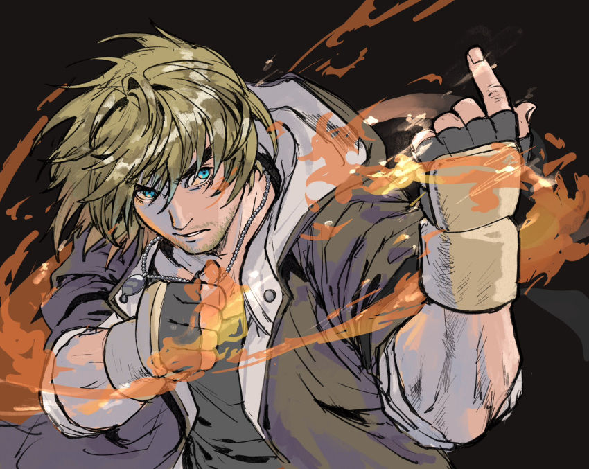 Safebooru - 1boy arm up beard stubble black background black shirt blue eyes clenched hand coat ...