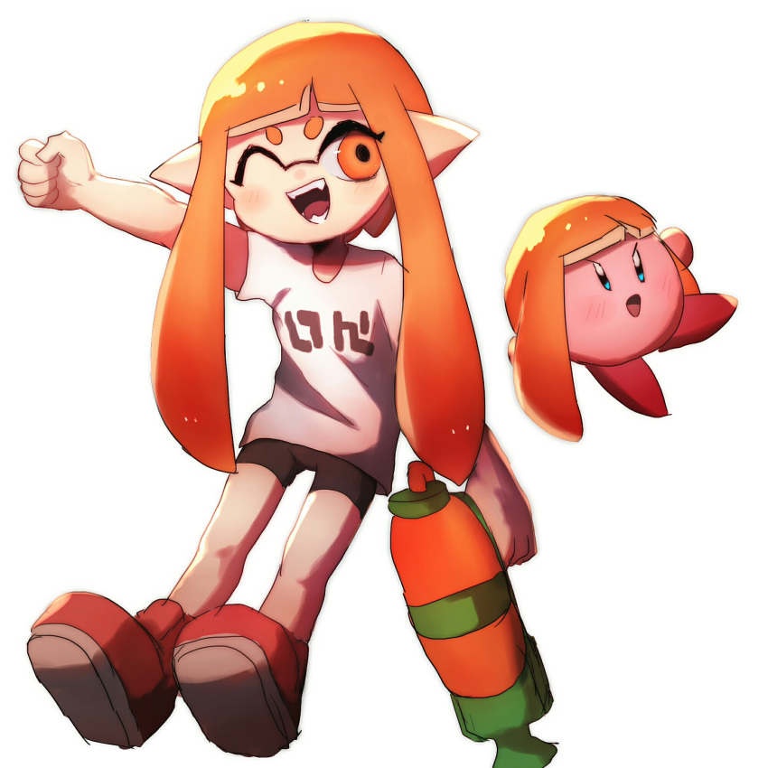 Safebooru - 1boy 1girl colored skin cosplay fangs full body happy highres inkling inkling girl ...