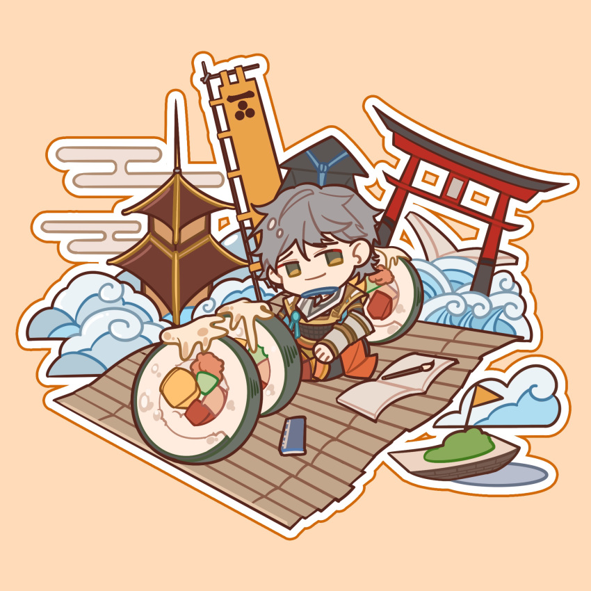 Safebooru - 1boy book chibi chibi only food green eyes grey hair hat ...