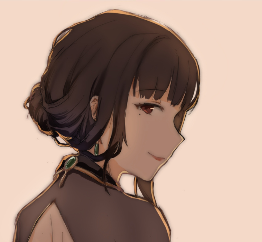 Safebooru - 1girl 2fw16 black hair brown eyes brown hair closed mouth dress earrings from behind ...