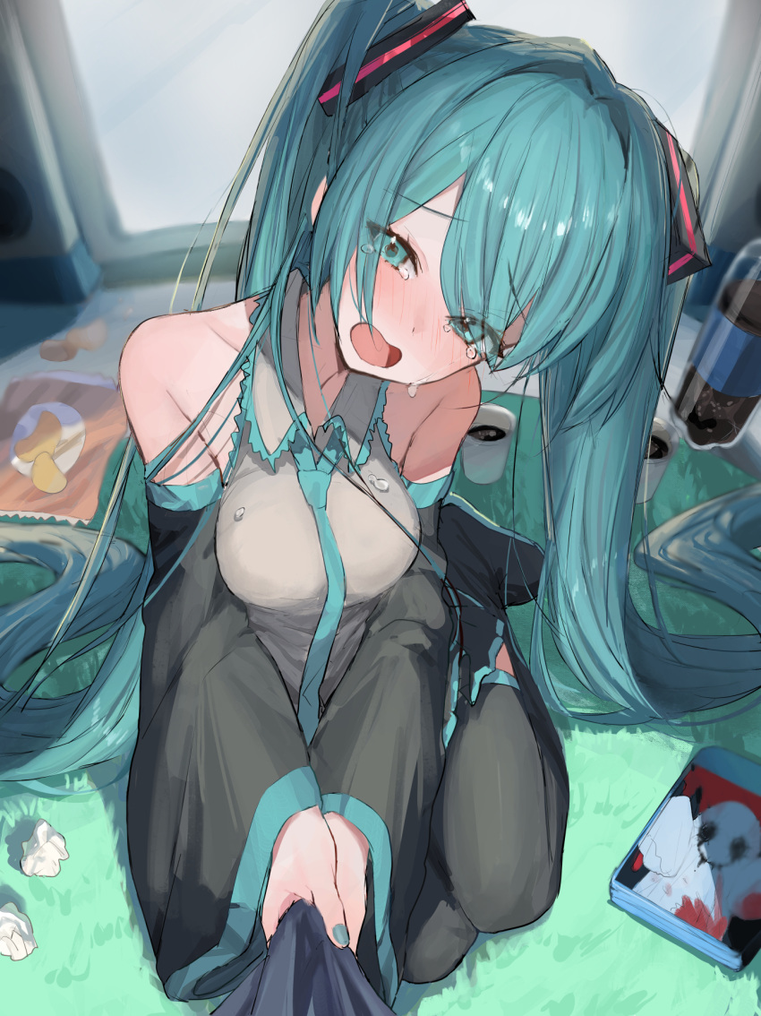 Safebooru - 1girl aqua eyes aqua hair aqua nails bare shoulders black skirt black thighhighs ...