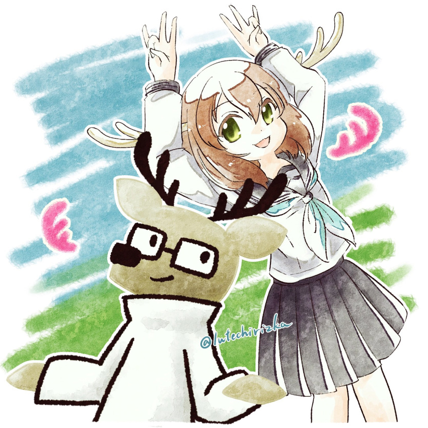 Safebooru - 1boy 1girl :d antlers aqua neckerchief arms up black horns ...