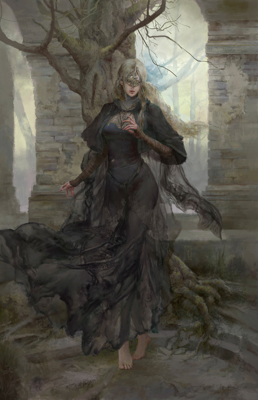 Safebooru - 1girl barefoot black capelet black dress blonde hair capelet christian angel dark ...