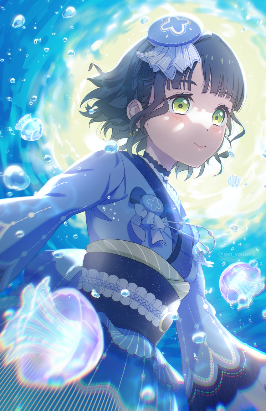 Safebooru - 1girl absurdres air bubble beret black hair blue hat blue kimono blue skirt blunt ...