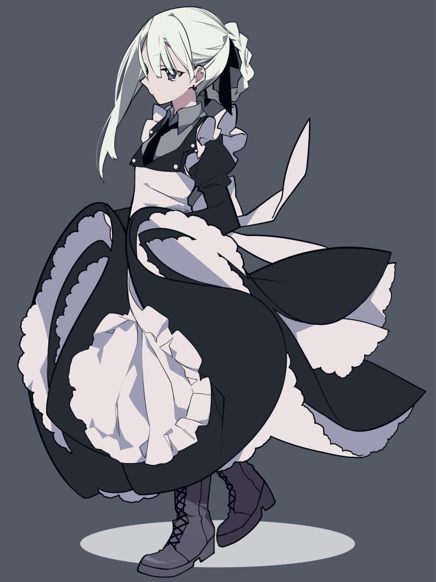 Safebooru - 1girl boots braid grey eyes grey hair grey shirt hair ribbon highres maid mochizuki ...