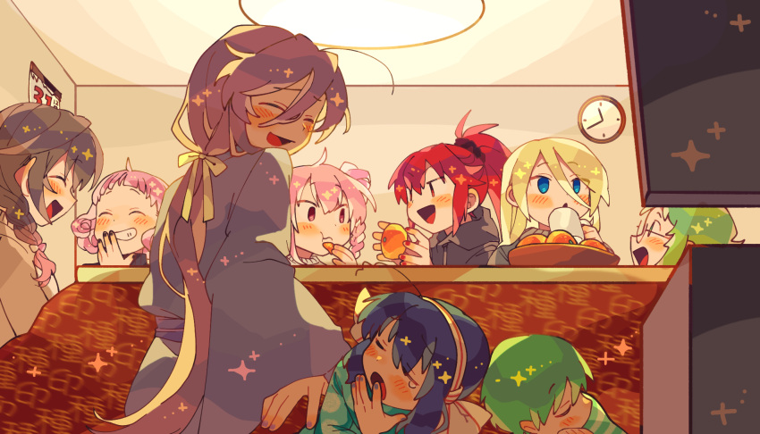 Safebooru - 2boys 6+girls :d :o :t blue eyes blue hair blush braid ...