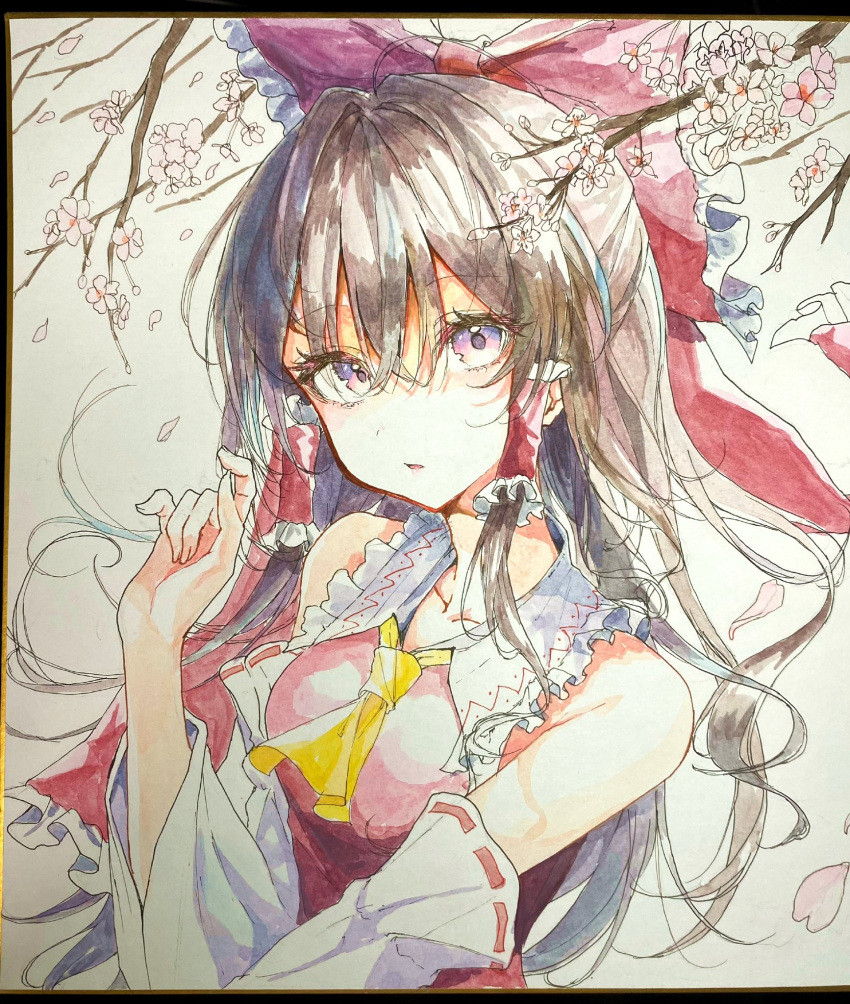 Safebooru - 1girl bare shoulders bow breasts brown hair cherry blossoms detached sleeves falling ...