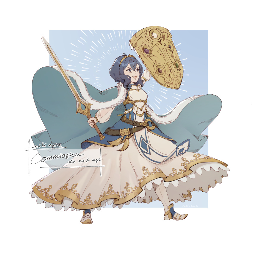Safebooru - 1girl :d alternate costume belt blue background blue cape blue eyes blue hair border ...