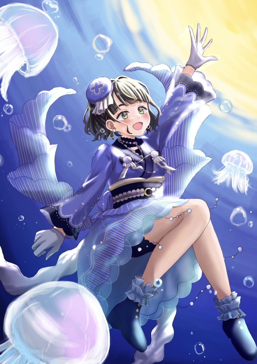 Safebooru - 1girl :d absurdres air bubble arm up black hair blue hat blue kimono blue skirt ...