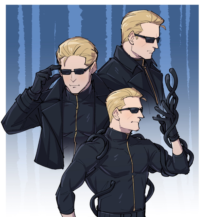 Safebooru - 1boy adjusting eyewear albert wesker arm up black coat black gloves black shirt ...