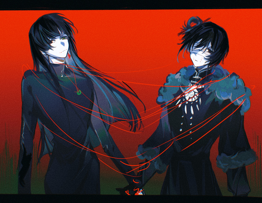 Safebooru - 2girls absurdres aphwodeming bandage over one eye black dress black eyes black hair ...