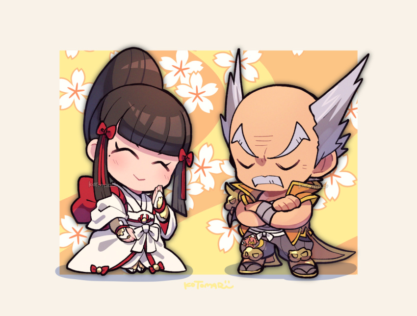 Safebooru - 1boy 1girl balding blunt bangs border brown hair chibi chibi only closed eyes closed ...