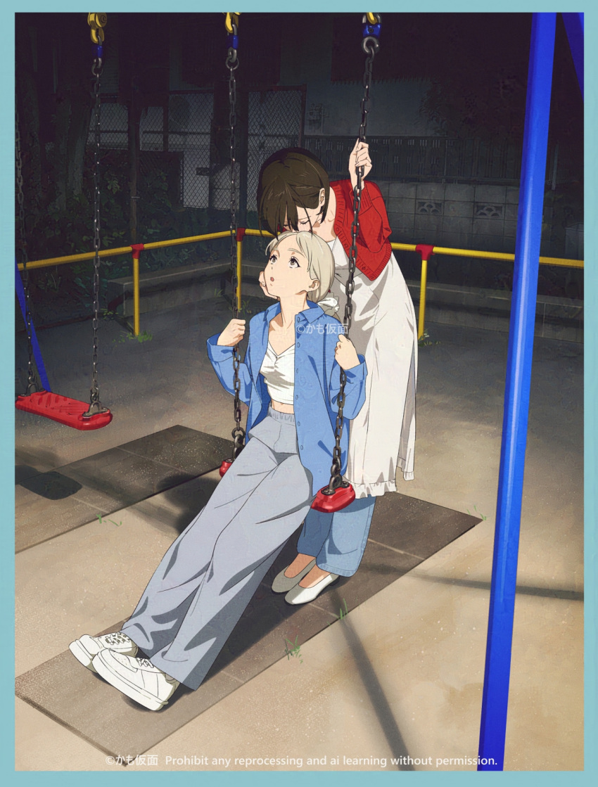 Safebooru - 2girls blonde hair blue shirt brown eyes brown hair closed eyes dress grey pants ...