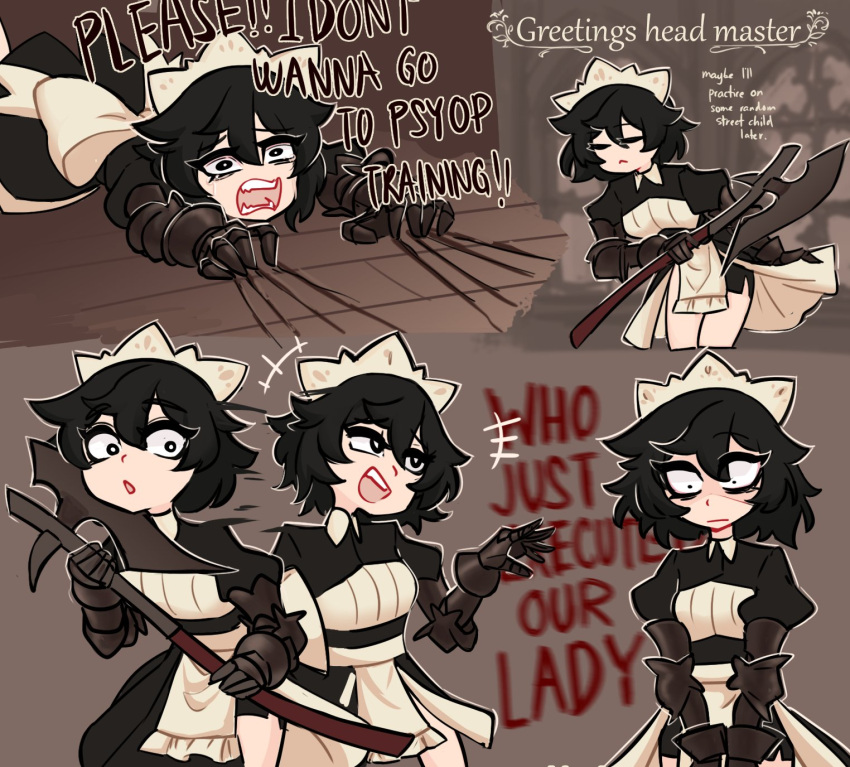 Safebooru - 1girl :o :| armored gloves axe back bow black eyes black hair black shirt black ...