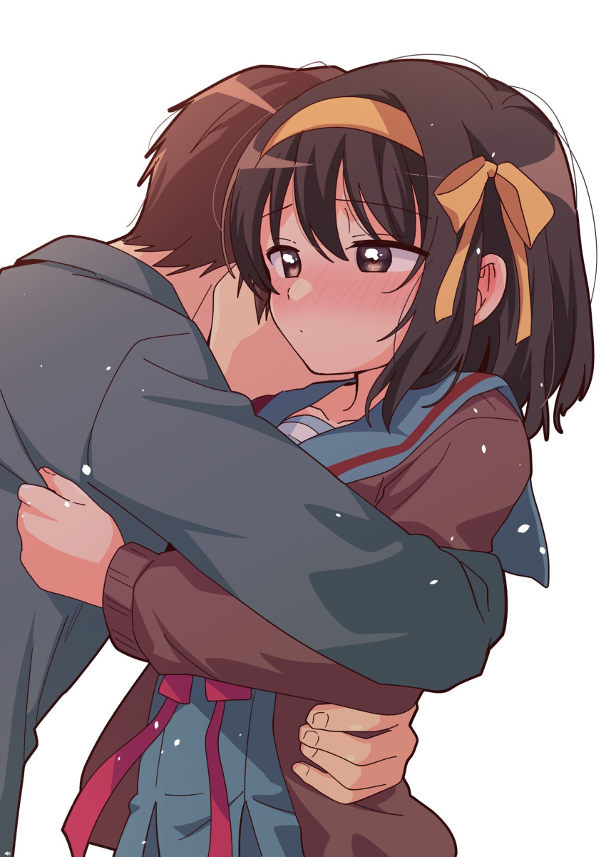 Safebooru - 1boy 1girl blazer blue sailor collar blue skirt blush brown cardigan brown eyes ...